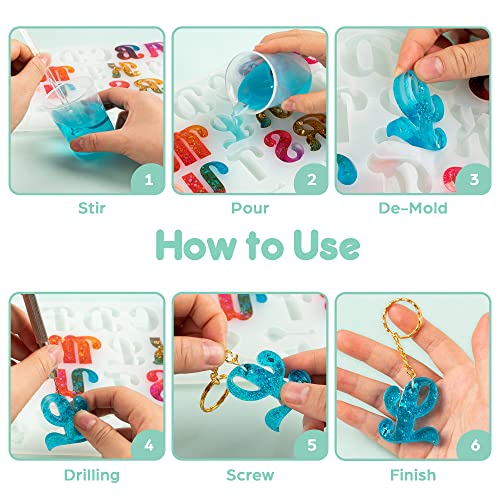 Mocoosy 182Pcs Reversed Silicone Alphabet Resin Molds Kit, Fancy Letter & Ornament Molds Epoxy Resin Casting Molds Resin Keychain Making Set with 1 Hand Drill 2 Drill Bits 30 Key Rings 100 Screw Pins