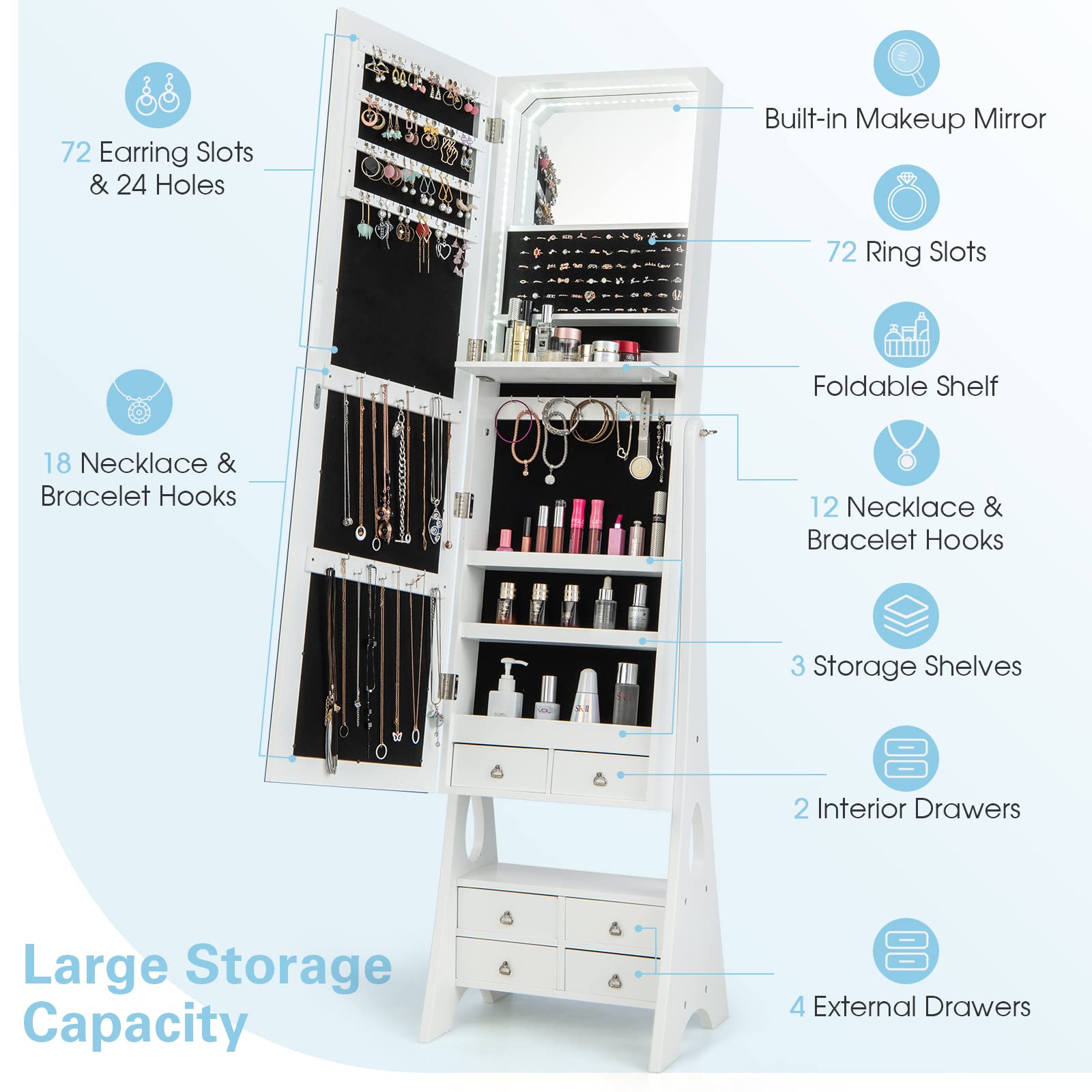 GOFLAME Jewelry Cabinet Freestanding, LED Lighted Jewelry Armoire with Full-length Frameless Mirror, Foldable shelf, 6 Drawers, Lockable Mirrored Jewelry Cabinet with 3 Adjustable Angle (White)