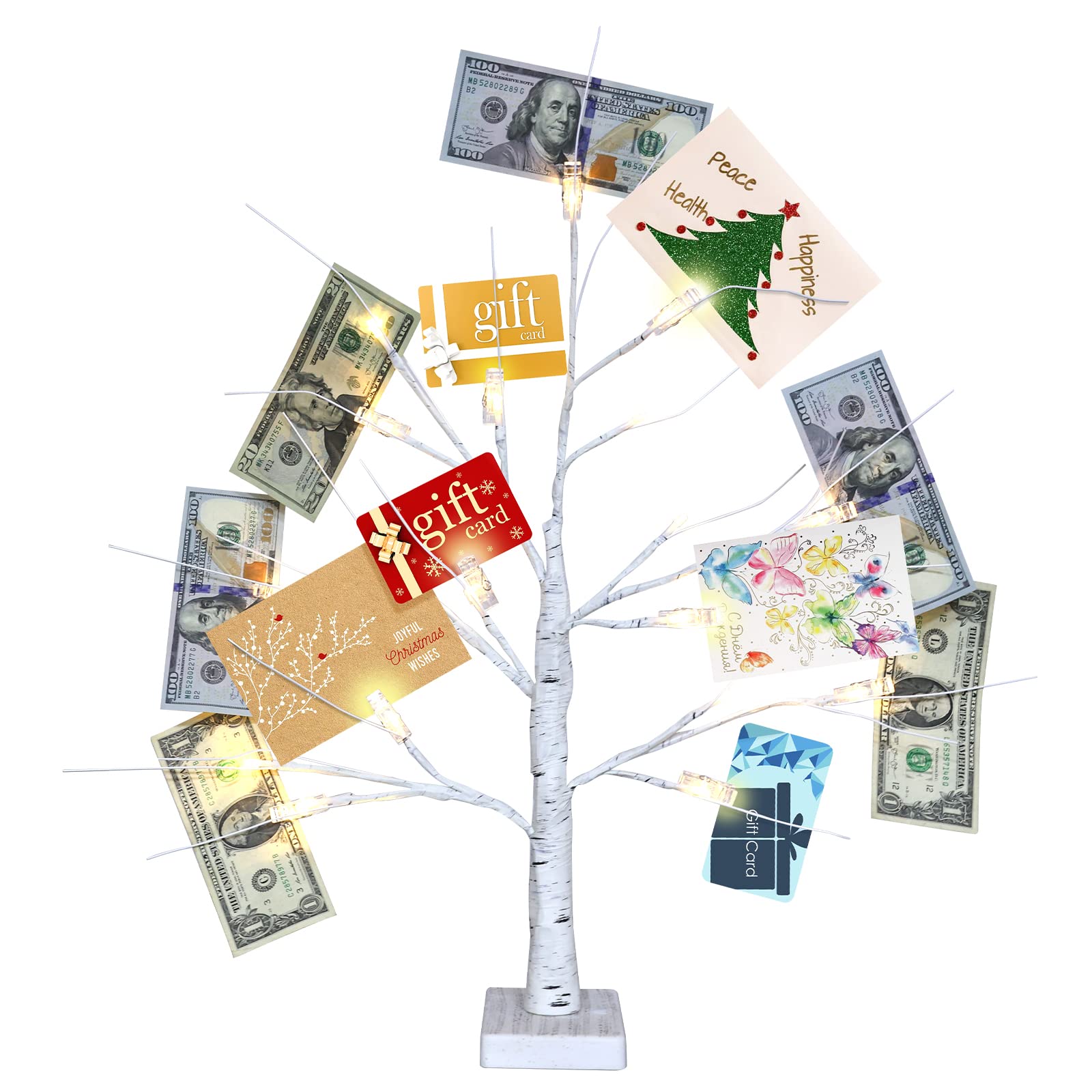 DECORKEY Money Tree Gift Holder, 24" 2FT Birch Tree with LED Lights, Battery Powered Timer Display Trees Stands with 12 Clear Clips Card, for Christmas, Birthday, Wedding, Photo, Graduation (White)