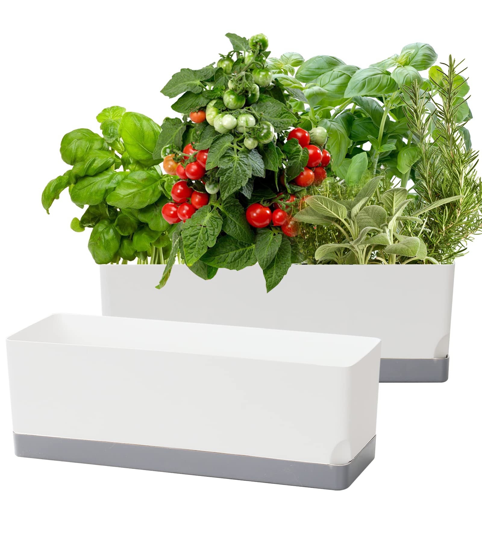 Vugosson Self Watering Planters Pots for Indoor Plants, 2 Pack 17 Inch Plastic Planter Box Flower Pots for Indoor Outdoor Plants, Rectangle Herb Planter Window Boxes Planters with Drainage
