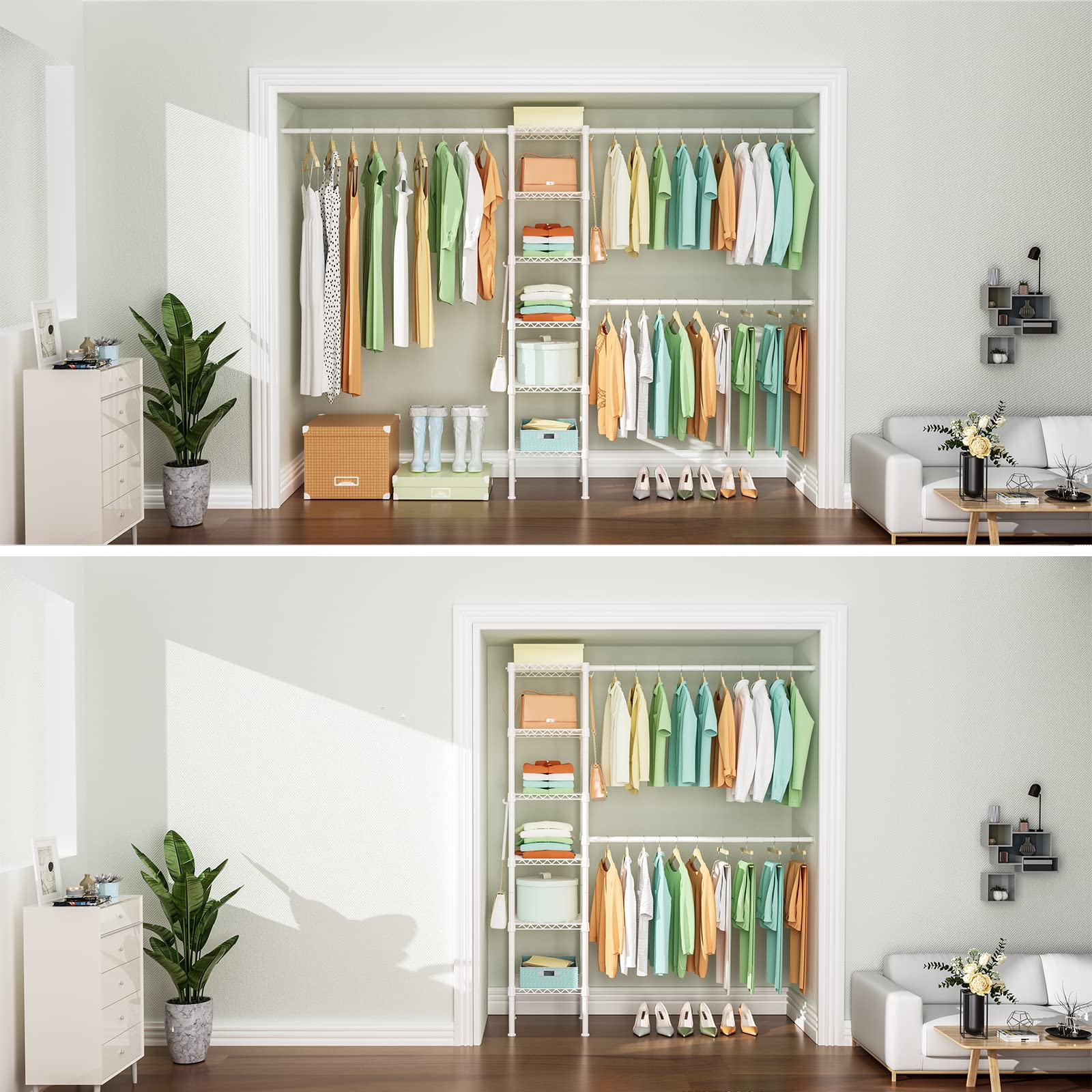 Ulif M1 Closet Storage Organizer System, 6 Tiers Heavy Duty Metal Garment Rack with 3 Expandable Hanger Rods, Wall Mounted Space Saver Suits from 5.4-8.7 ft. Width, 71.2”H x 14”D, 700LBS, White