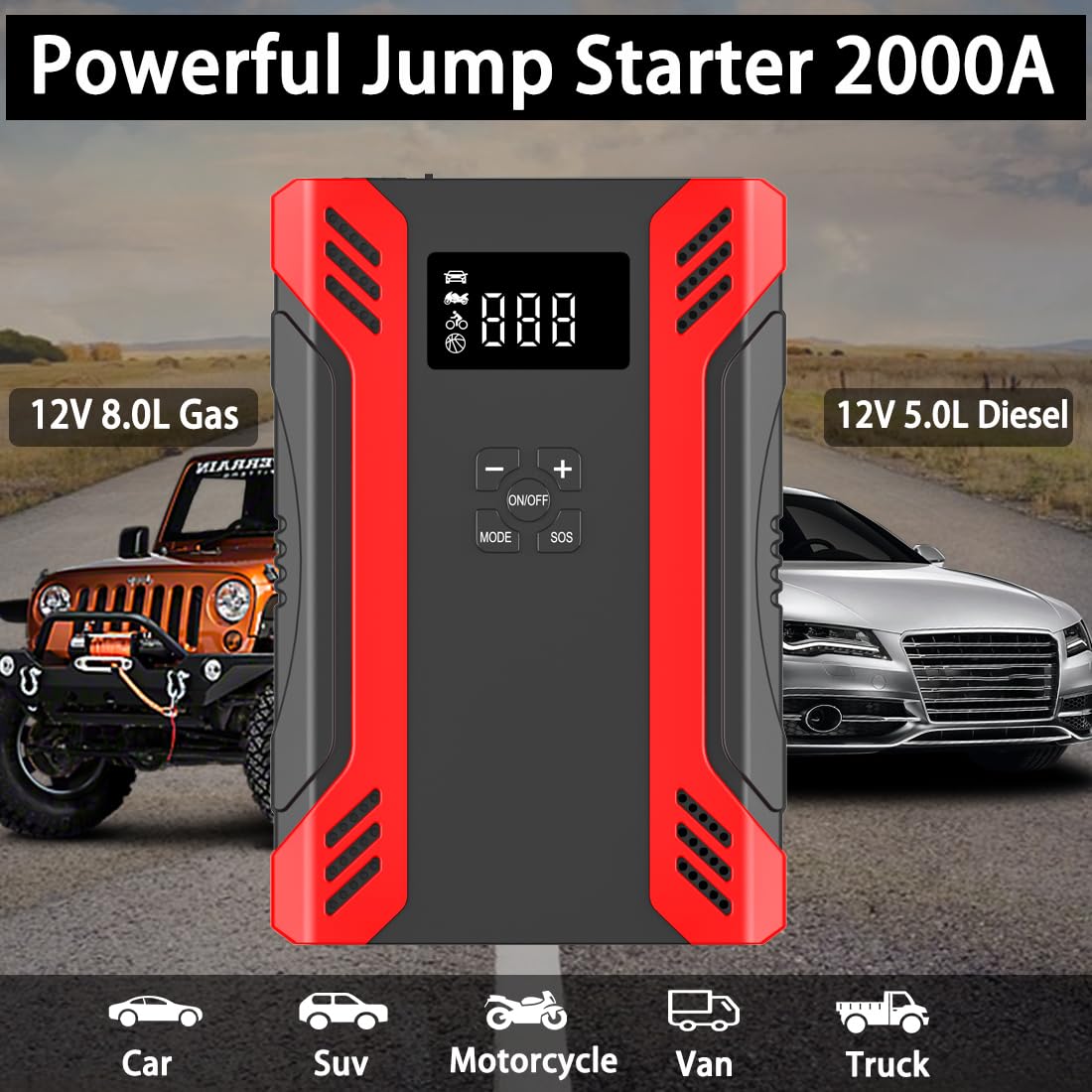 Gehopow 12V / 2000A Car Battery Jump Starter with Air Compressor for 8.0L Gas / 5.0L Diesel, Car Jump Box Battery Booster with 150PSI Tire Inflator with QC3.0 / DC12V / Compass/LED Light