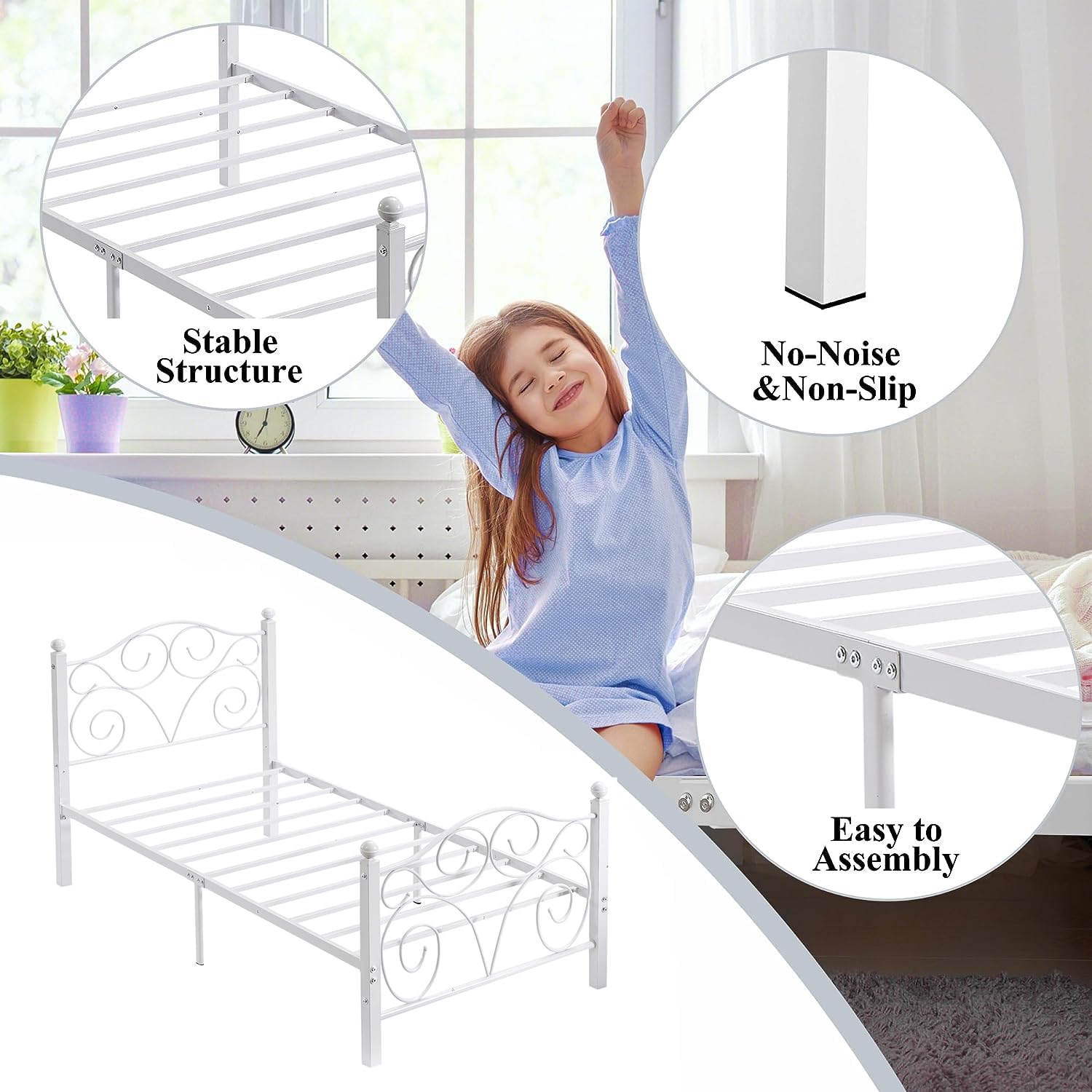 VECELO Twin Size Bed Frame with Headboard and Footboard, Heavy Duty Metal Slat Support, Platform Mattress Foundation, No Box Spring Needed, Easy Assembly, White