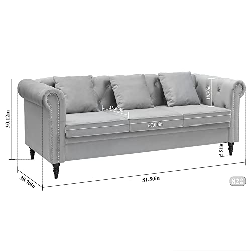 kinmars Chesterfield Sofa Velvet,3 Seater Couch Furniture,Couches for Living Room with Deep Button Tufting,Large Sofa with Rolled Arms (Grey)