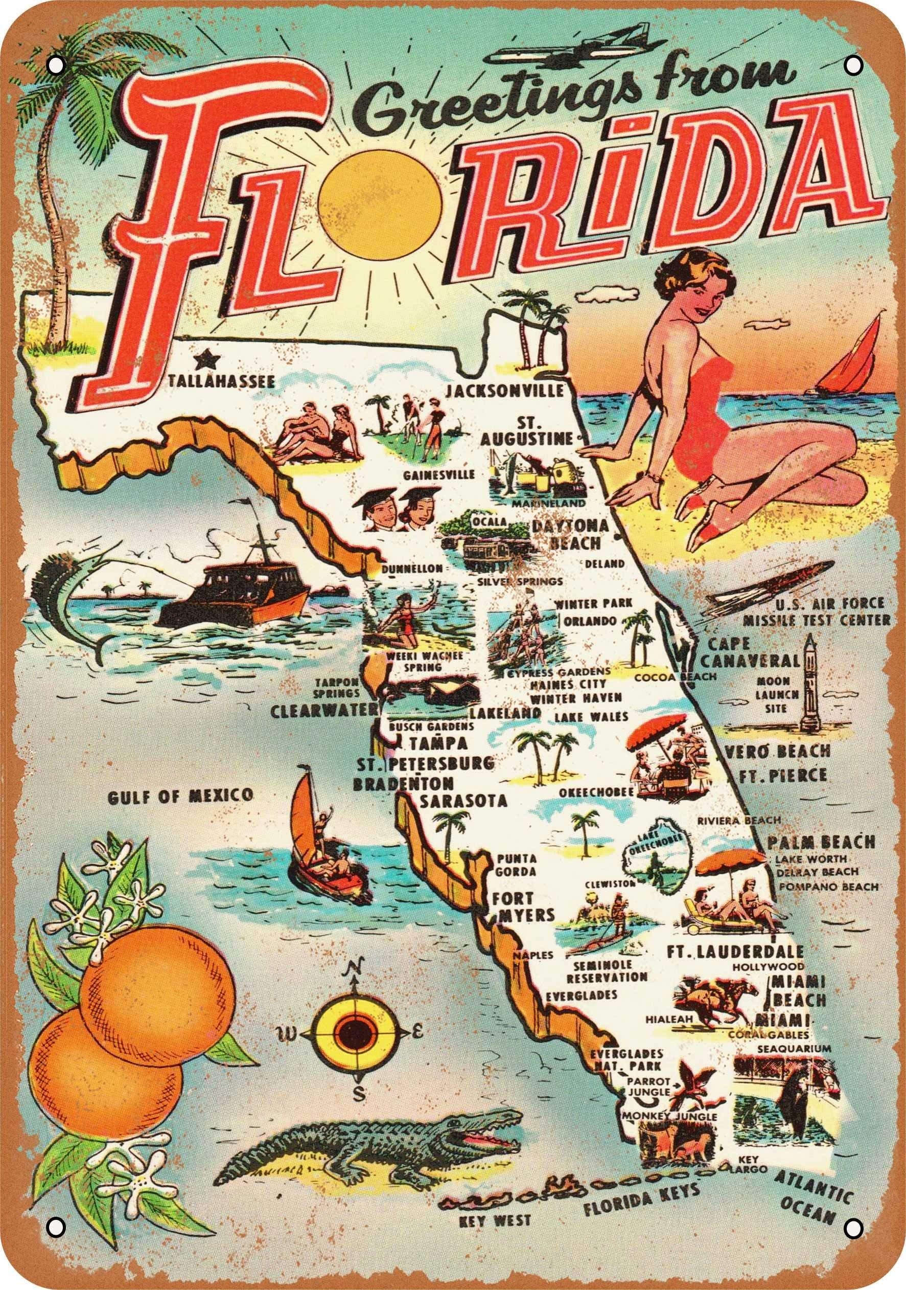 AMELIA SHARPE Vintage Retro Collectible Tin Sign 1954 Greetings from Florida Wall Decoration 6X8 Inch Poster Home Bar Restaurant Garage Cafe Art Metal Sign Gift