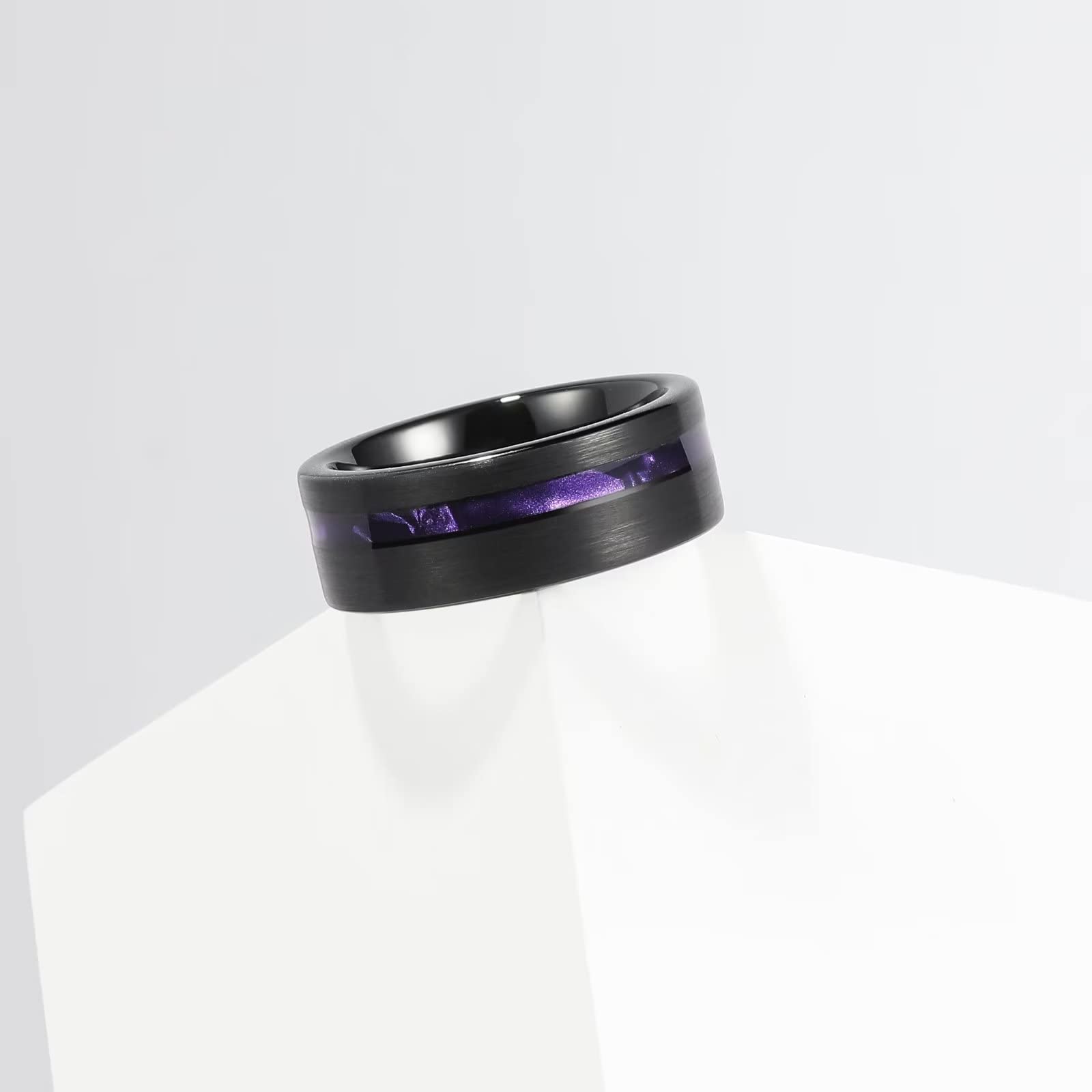 King Will Mens 8mm Black Tungsten Carbide Wedding Ring Purple Imitated Meteorite Inlay Pipe Cut Edge Brushed Opal Wedding Bands 9