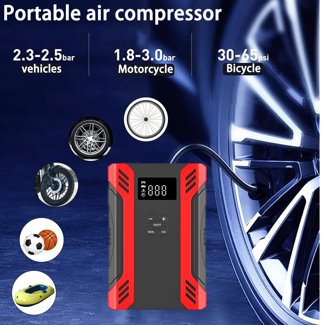 Gehopow 12V / 2000A Car Battery Jump Starter with Air Compressor for 8.0L Gas / 5.0L Diesel, Car Jump Box Battery Booster with 150PSI Tire Inflator with QC3.0 / DC12V / Compass/LED Light