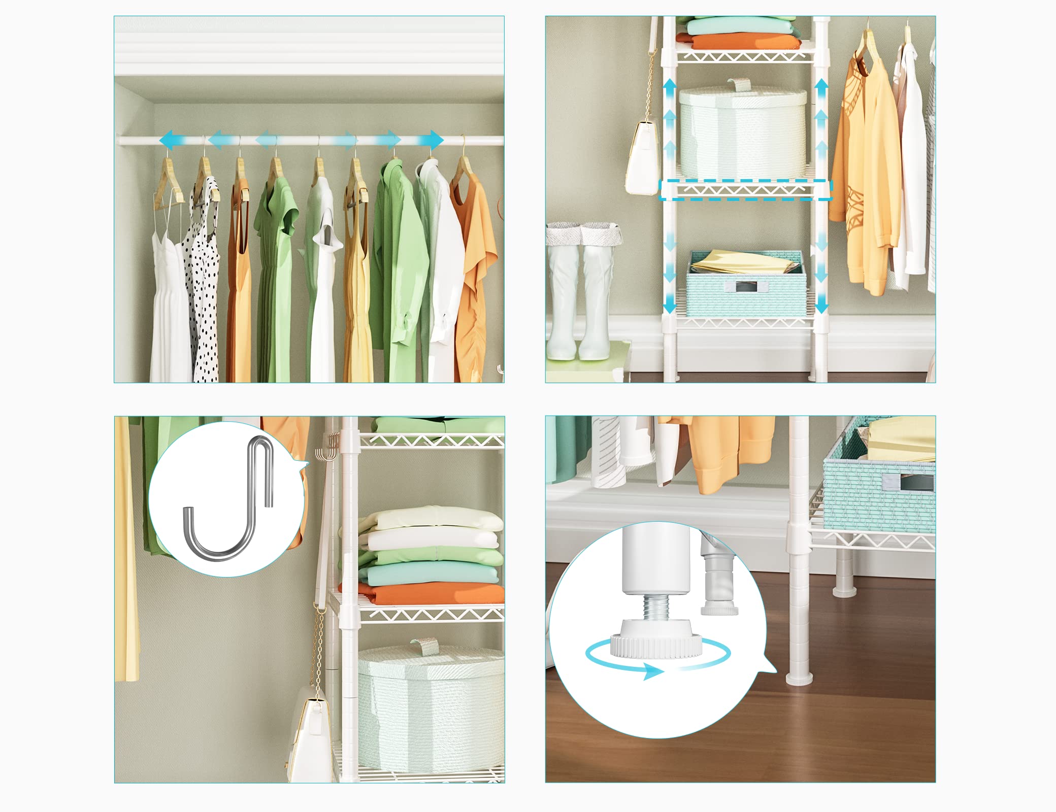 Ulif M1 Closet Storage Organizer System, 6 Tiers Heavy Duty Metal Garment Rack with 3 Expandable Hanger Rods, Wall Mounted Space Saver Suits from 5.4-8.7 ft. Width, 71.2”H x 14”D, 700LBS, White