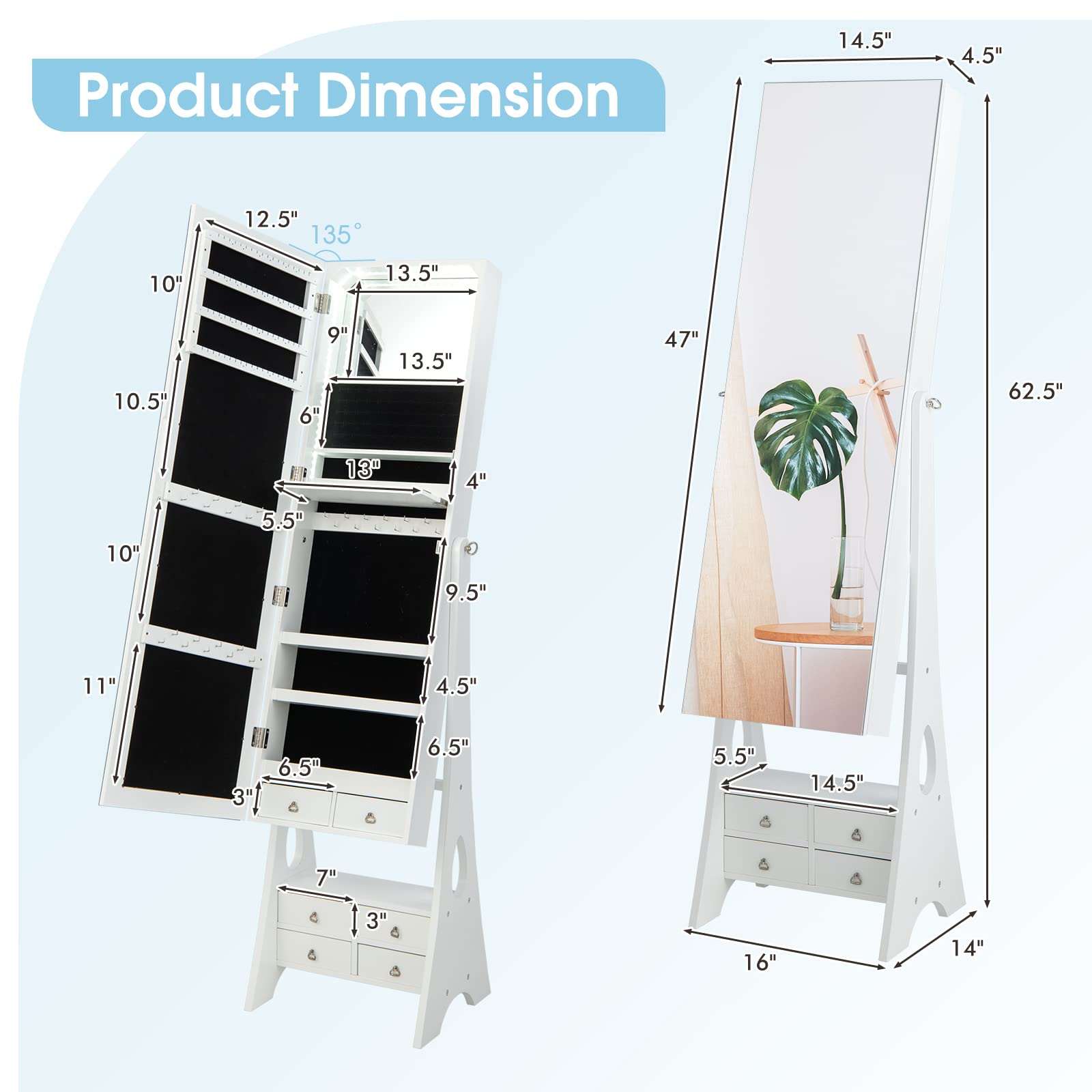 GOFLAME Jewelry Cabinet Freestanding, LED Lighted Jewelry Armoire with Full-length Frameless Mirror, Foldable shelf, 6 Drawers, Lockable Mirrored Jewelry Cabinet with 3 Adjustable Angle (White)