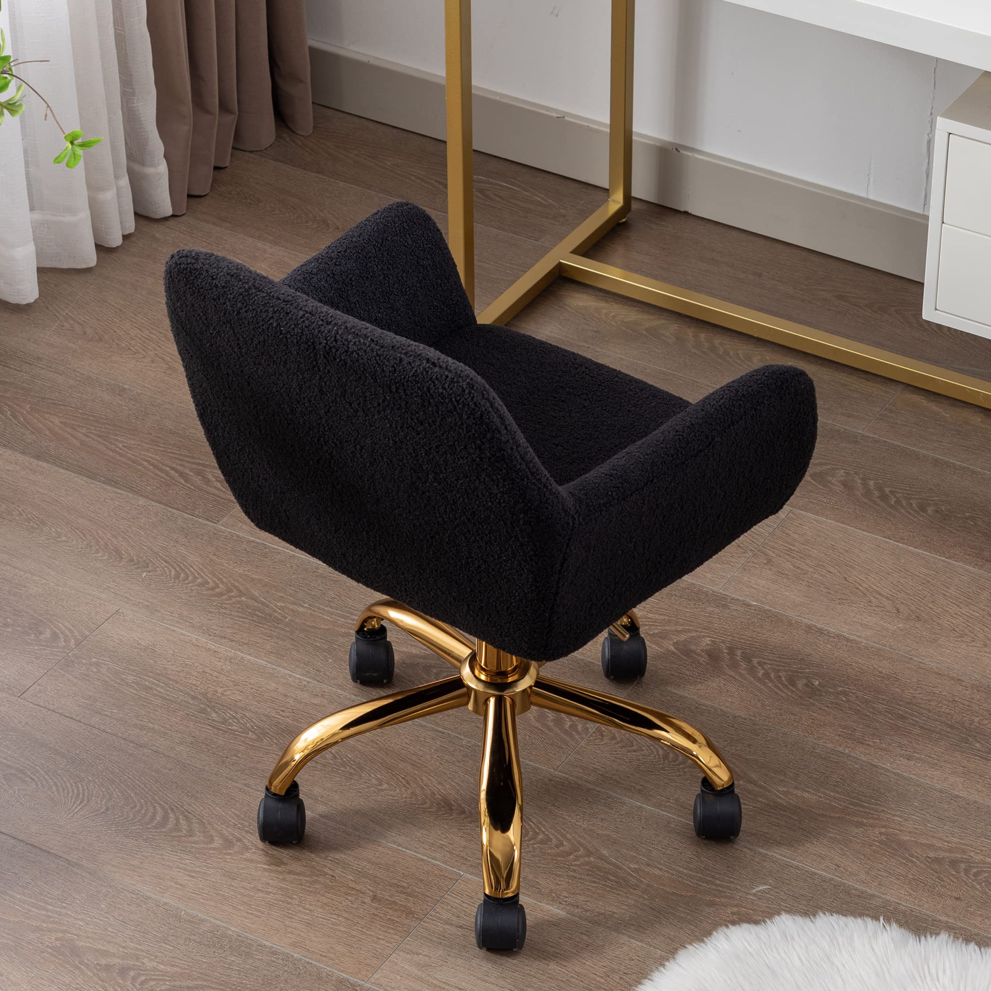 KCC Faux Fur Office Desk Chair, Comfy Swivel Armchair with Wheels, Upholstered Fuzzy Vanity Chair, Adjustable Seat Height, Black