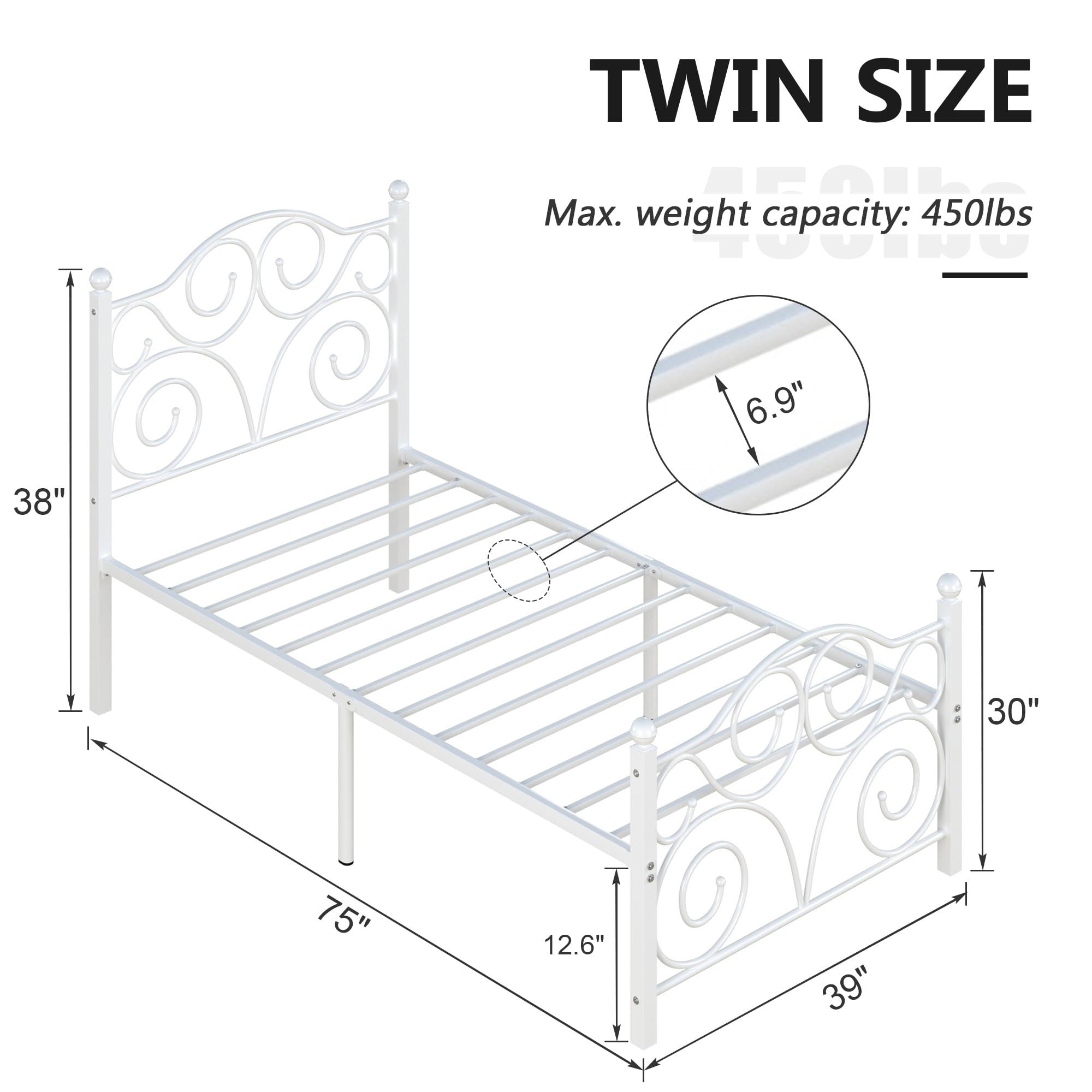 VECELO Twin Size Bed Frame with Headboard and Footboard, Heavy Duty Metal Slat Support, Platform Mattress Foundation, No Box Spring Needed, Easy Assembly, White