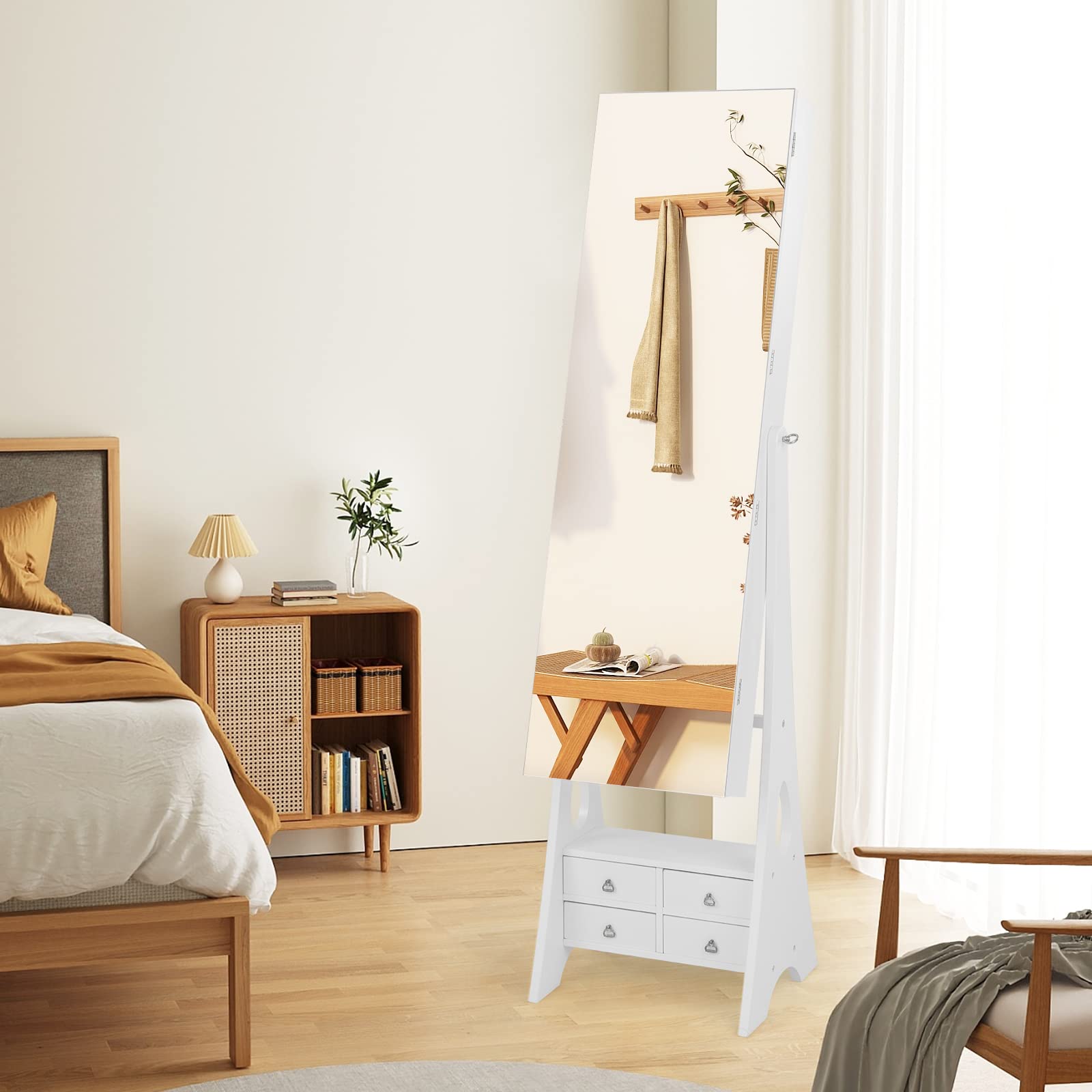 GOFLAME Jewelry Cabinet Freestanding, LED Lighted Jewelry Armoire with Full-length Frameless Mirror, Foldable shelf, 6 Drawers, Lockable Mirrored Jewelry Cabinet with 3 Adjustable Angle (White)