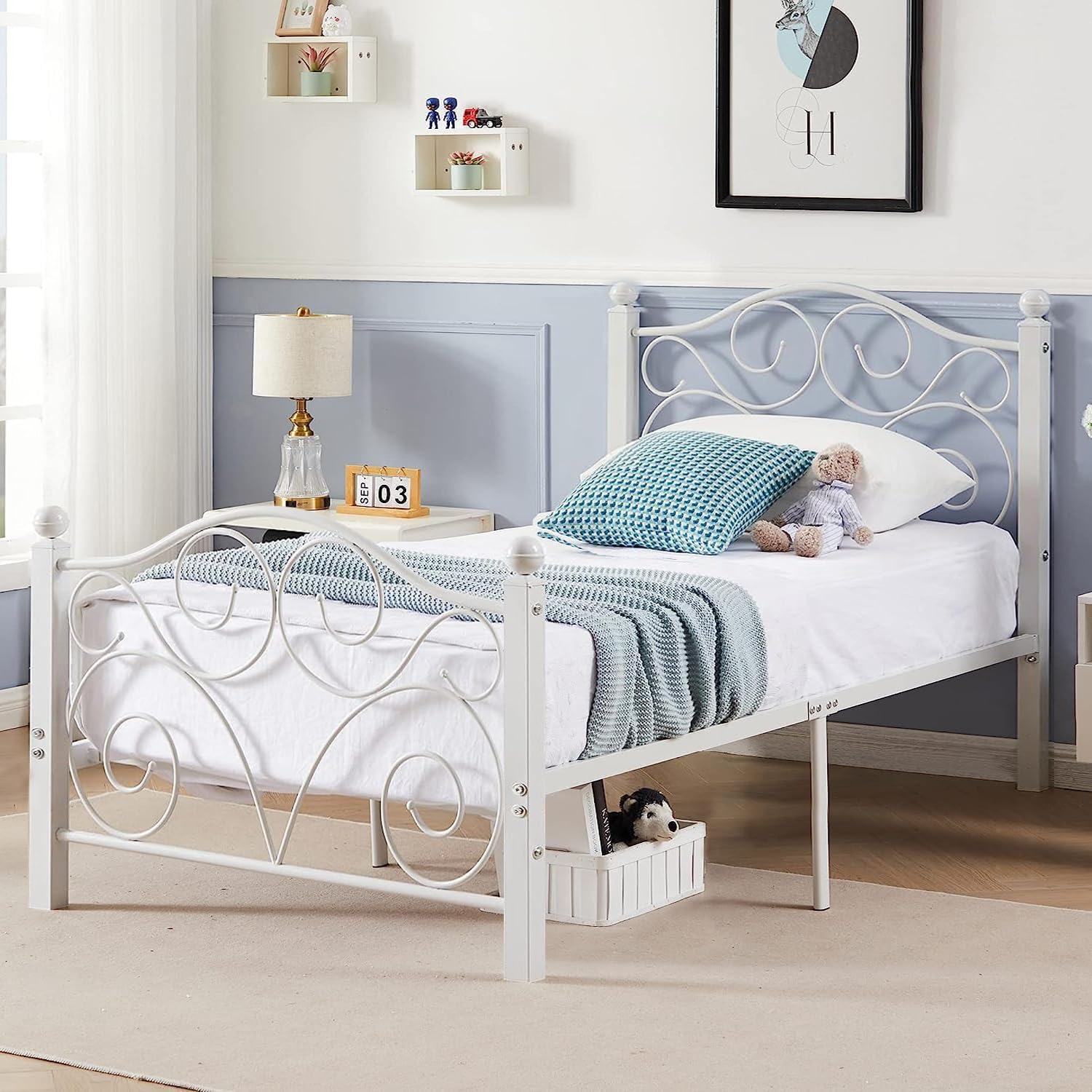 VECELO Twin Size Bed Frame with Headboard and Footboard, Heavy Duty Metal Slat Support, Platform Mattress Foundation, No Box Spring Needed, Easy Assembly, White