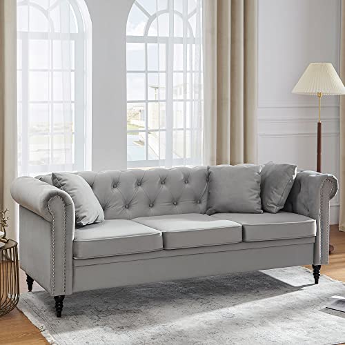 kinmars Chesterfield Sofa Velvet,3 Seater Couch Furniture,Couches for Living Room with Deep Button Tufting,Large Sofa with Rolled Arms (Grey)