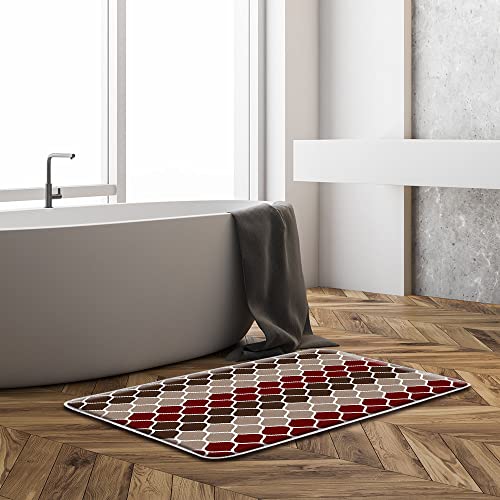 HHKJKJ Burgundy Brown Geometric Bath Mat Red Tan Modern Home Simple Bathroom Bedroom Kitchen Rug Soft Memory Foam Backing 18x30 Inch