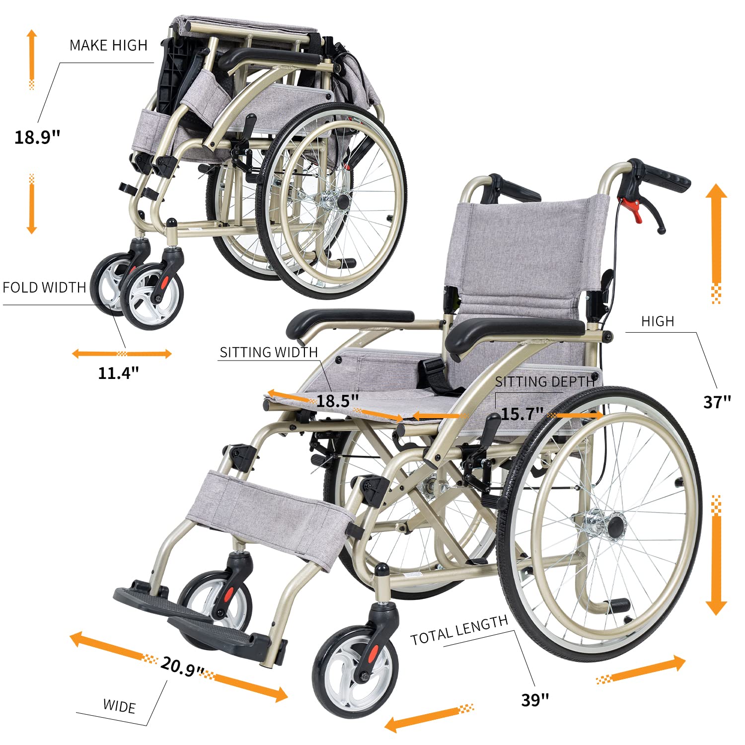HomyKing Ultra Lightweight Wheelchair, Foldable Transport Wheelchairs for Adults with Swing-Away Footrest
