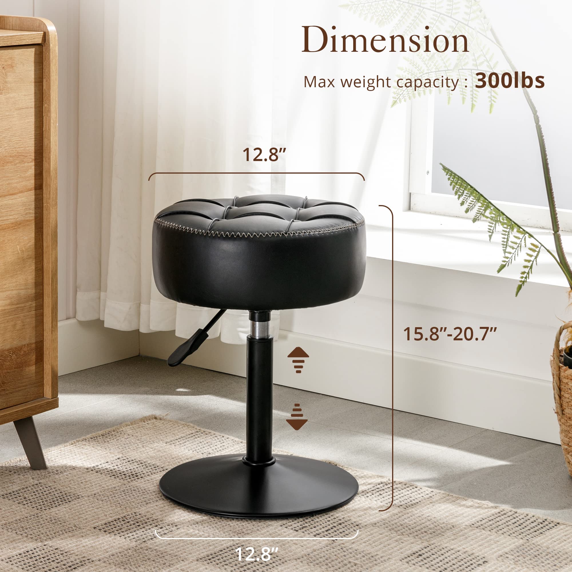 LUE BONA Adjustable Vanity Stool, 360°Swivel Vanity Chair Stool for Makeup Room, Black Stool Chair for Vanity, Small Faux Leather Vanity Stool for Bathroom, Living Room
