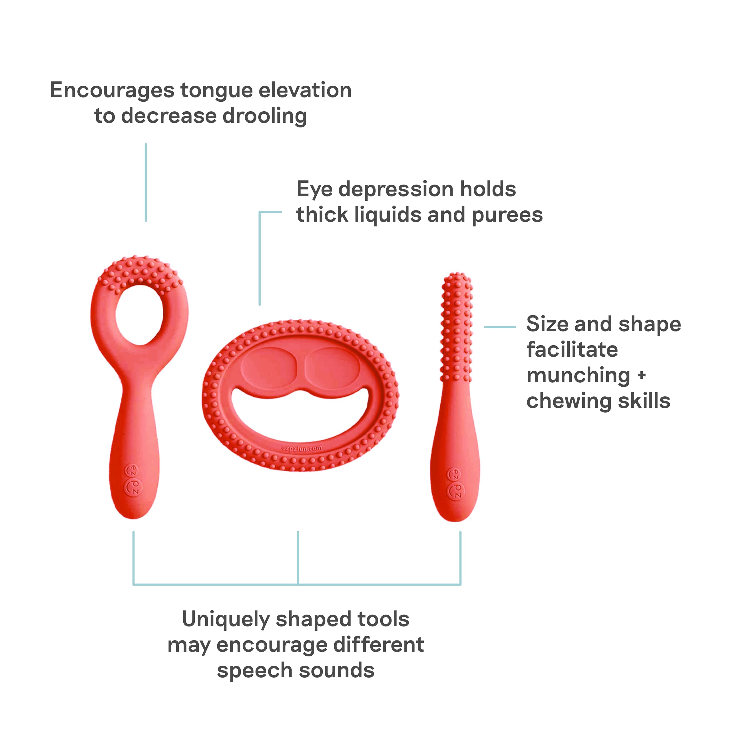ezpz Oral Development Tools - 3 Months+ (3 Pack in Coral) - Non-Slip Loop, Smile and Stick, 100% Silicone Tools to Practice Feeding + Chewing - Sensory Bumps - Dishwasher Safe
