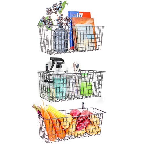 3 Set [Extra Large] Hanging Wall Basket for Storage, Wall Mount Sturdy Steel Wire Baskets, Metal Hang Cabinet Bin Wall Shelves, Rustic Farmhouse Decor, Kitchen Bathroom Organizer, Industrial Gray
