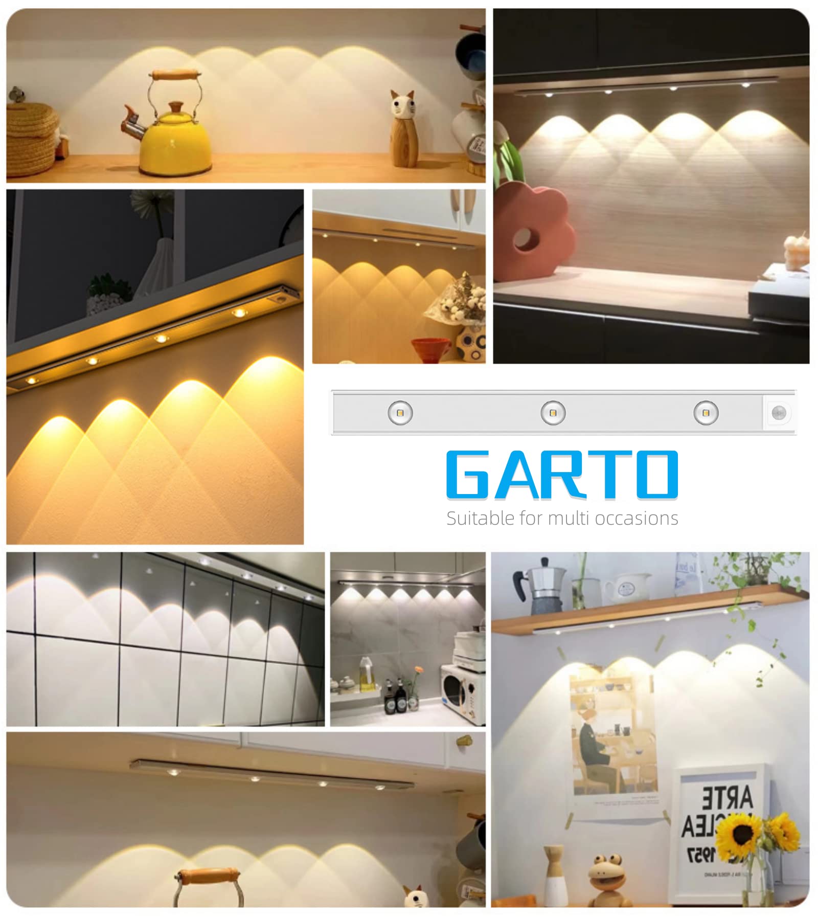 GARTO Silver Under Cabinet Light 2 Packs,23.62 inch Slim LED Motion Sensored Light,4 Beads USB Rechargeable Under Counter Lights for Kitchen Shelf Wardrobe Closet