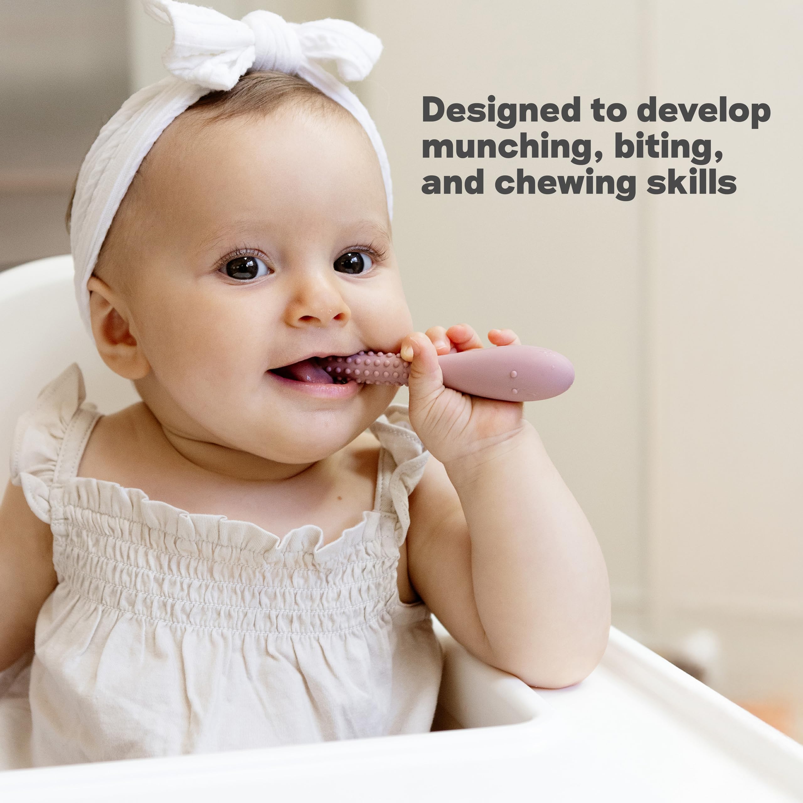 ezpz Oral Development Tools - 3 Months+ (3 Pack in Coral) - Non-Slip Loop, Smile and Stick, 100% Silicone Tools to Practice Feeding + Chewing - Sensory Bumps - Dishwasher Safe