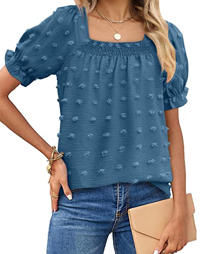 Square Neck Tops for Women Puff Sleeve Blouses for Women Summer Polka Dot Blue S