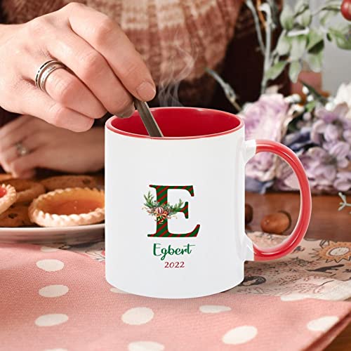 Two_Tone Red Mug Personalized 2022 Christmas Name Coffee Mug, Pine Berry Green & Red Stripe Initials E Funny Coffee Mug Cup, A to Z 26 Alphabet Mug Tea Mug Gift 11 OZ