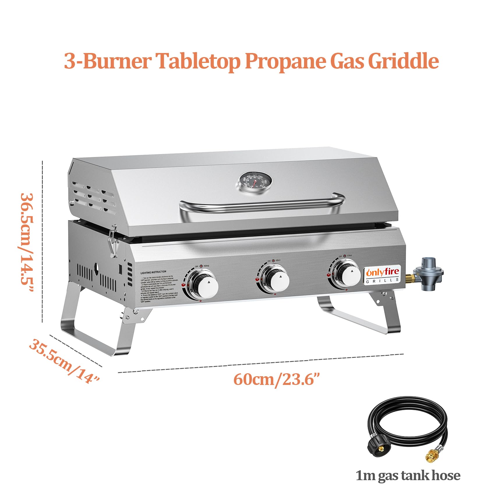 Onlyfire Flat Top Gas Griddle with Foldable Legs, 3-Burner Stainless Steel Propane Gas Grill Griddle, 24β Portable Tabletop Griddle for Outdoor Cooking Camping Tailgating RV, 24000 BTU, GS309