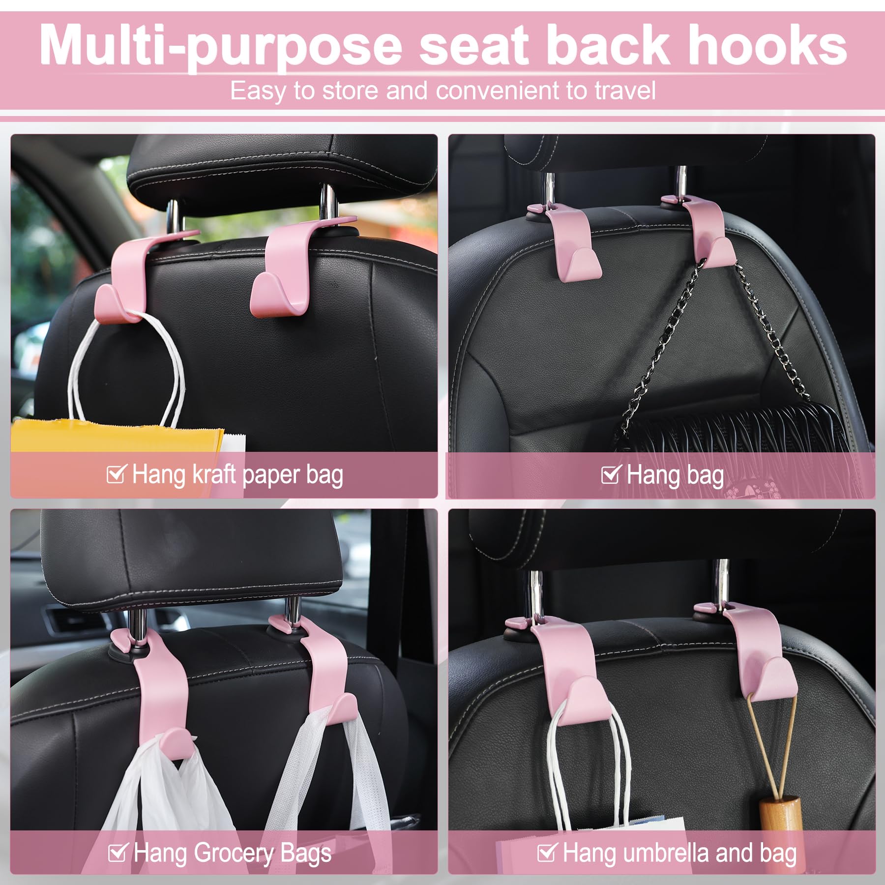 LivTee Car Seat Headrest Hook, Auto Seat Hook Hangers Storage Organizer Interior Accessories for Purse Coats Umbrellas Grocery Bags Handbag, 4-Pack - Pink