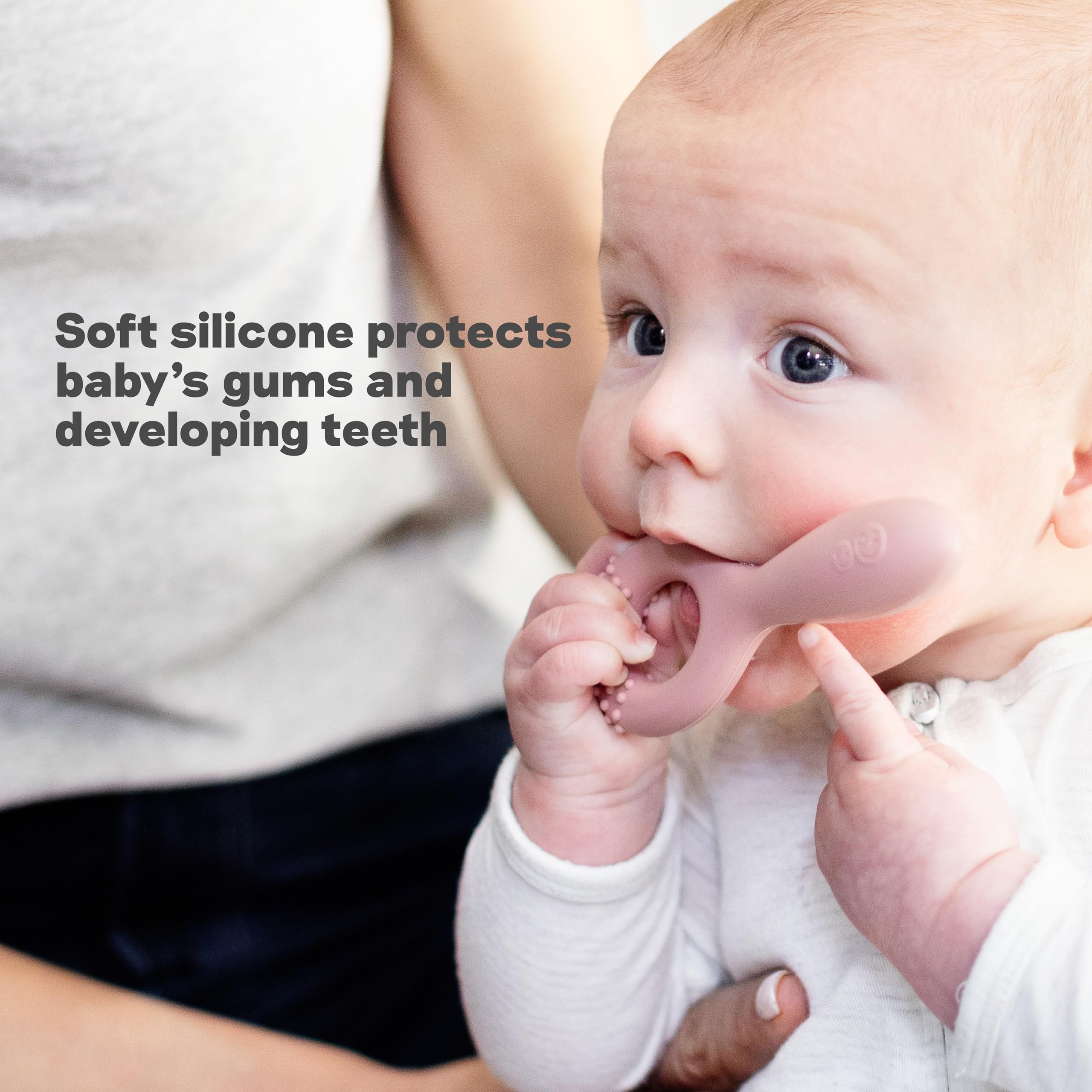 ezpz Oral Development Tools - 3 Months+ (3 Pack in Coral) - Non-Slip Loop, Smile and Stick, 100% Silicone Tools to Practice Feeding + Chewing - Sensory Bumps - Dishwasher Safe