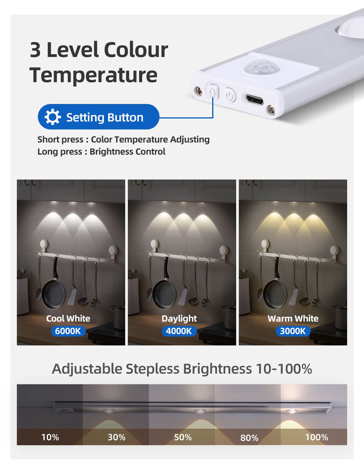 GARTO Silver Under Cabinet Light 2 Packs,23.62 inch Slim LED Motion Sensored Light,4 Beads USB Rechargeable Under Counter Lights for Kitchen Shelf Wardrobe Closet