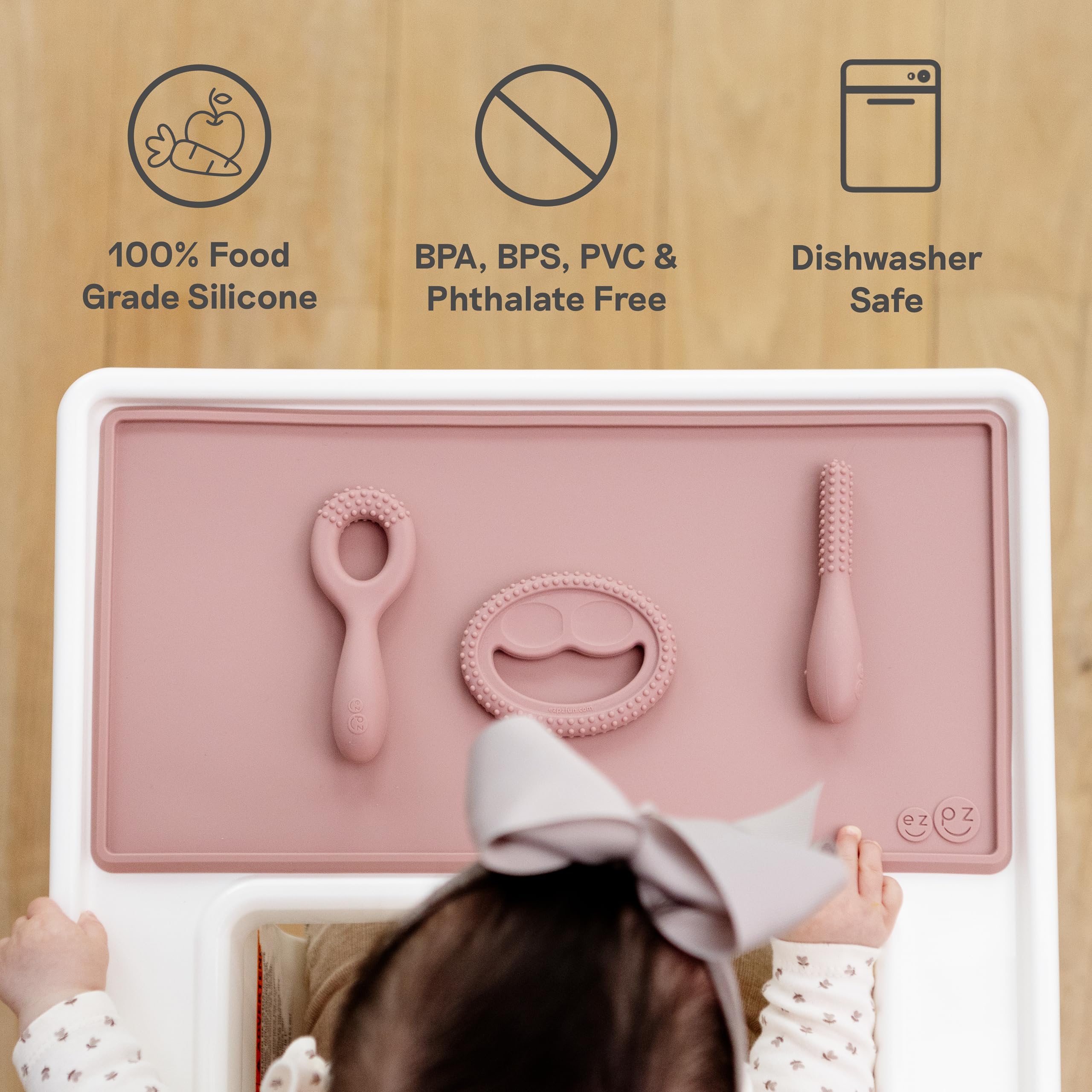 ezpz Oral Development Tools - 3 Months+ (3 Pack in Coral) - Non-Slip Loop, Smile and Stick, 100% Silicone Tools to Practice Feeding + Chewing - Sensory Bumps - Dishwasher Safe