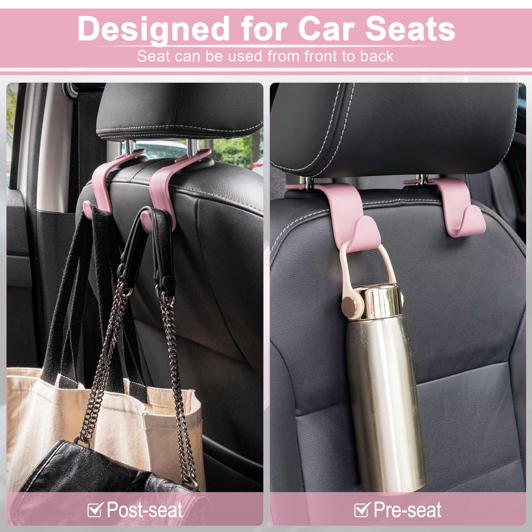 LivTee Car Seat Headrest Hook, Auto Seat Hook Hangers Storage Organizer Interior Accessories for Purse Coats Umbrellas Grocery Bags Handbag, 4-Pack - Pink