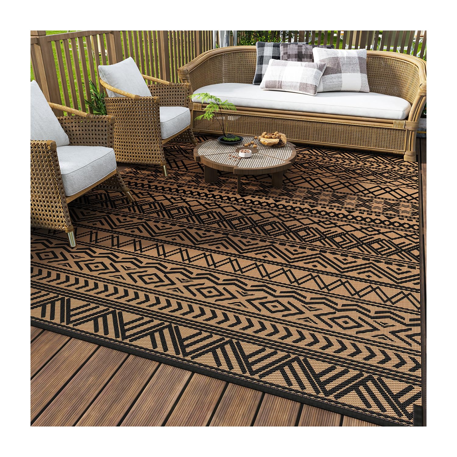 MontVoo-Outdoor Rug Carpet Waterproof 5x8 ft Reversible Patio Rug RV Camping Rug-Plastic Straw Rug Outside Indoor Outdoor Area Rug for Patio Deck Balcony Picnic Beach Outdoor Decor Boho Black Brown