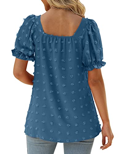 Square Neck Tops for Women Puff Sleeve Blouses for Women Summer Polka Dot Blue S