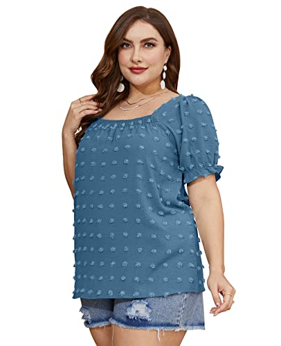 Square Neck Tops for Women Puff Sleeve Blouses for Women Summer Polka Dot Blue S