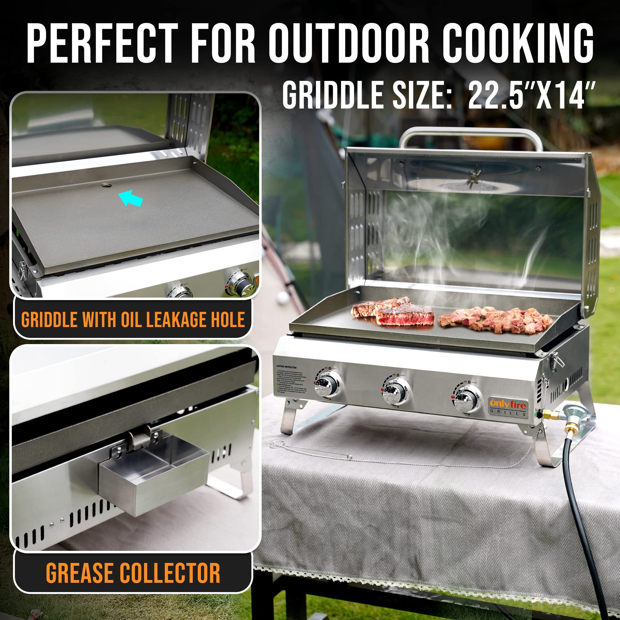 Onlyfire Flat Top Gas Griddle with Foldable Legs, 3-Burner Stainless Steel Propane Gas Grill Griddle, 24β Portable Tabletop Griddle for Outdoor Cooking Camping Tailgating RV, 24000 BTU, GS309