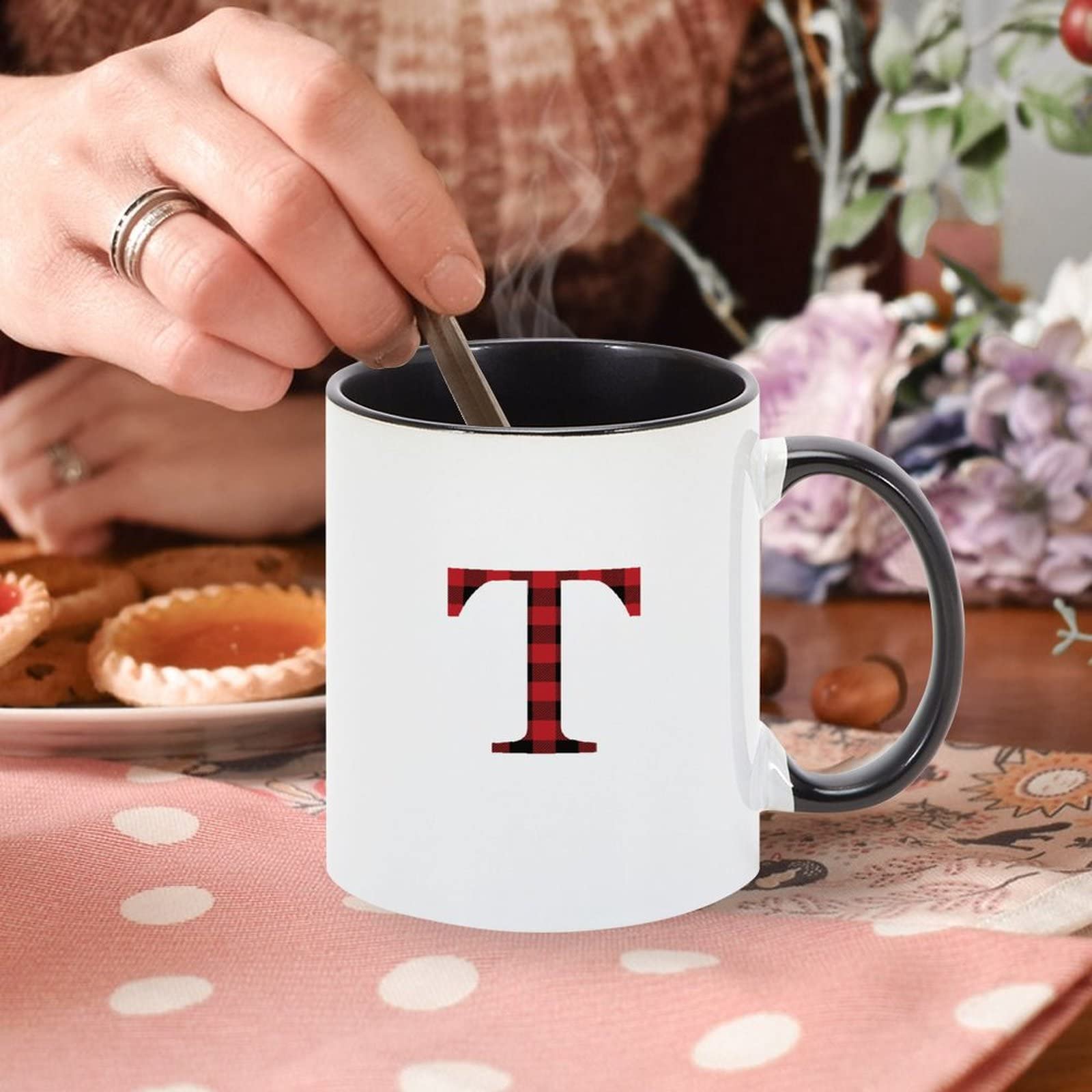 Christmas Red & Black Buffalo Plaid Check Monogram Letter T Coffee Mug - Aesthetic Feminine 26 Letters Mug - English Alphabet Letter Two_Tone Black2 Mug - Christmas Gifts Novelty Cup 11 Oz