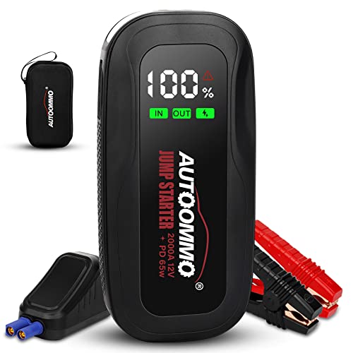 AUTOOMMO Portable Car Jump Starter - 2000A Peak 12V Battery Pack for up to 8.0L Gas & 7.0L Diesel Engines, with Type-C PD 65W & USB QC3.0 Port, 18000mAh Lithium Battery, Built-in LED Light