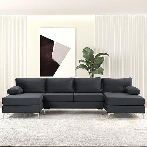 Casa Andrea Milano Modern Large Velvet Fabric U-Shape Sectional Sofa, Double Extra Wide Chaise Lounge Couch