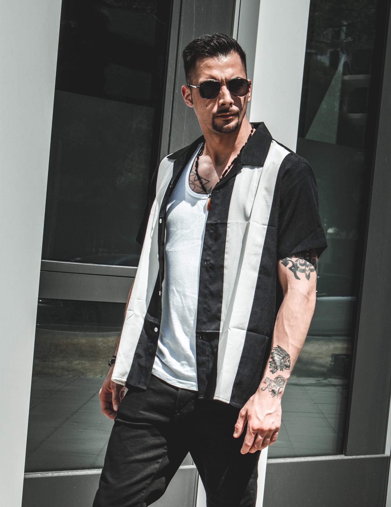 COOFANDY Men's Casual Button Down Shirts Retro Bowling Shirts Beach Wear Clothing Black White