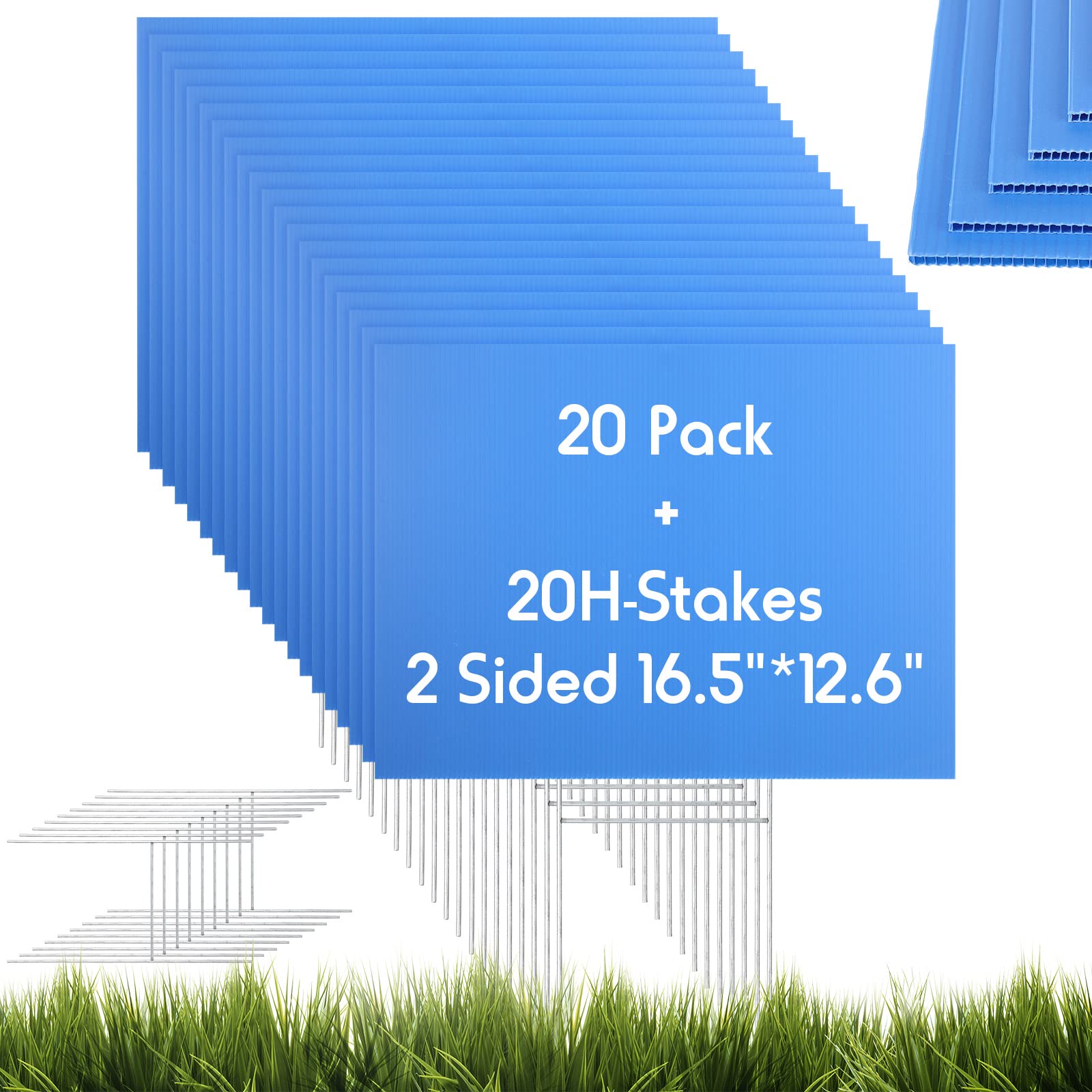 20 Pack Large Size Blank Yard Signs with Stakes 16.5 x 12.6 Inch Blue Corrugated Plastic Sheet Real Estate Garage Sale Signs with Stakes Open House for Rent Sign with Stand for Lawn Party Decorations