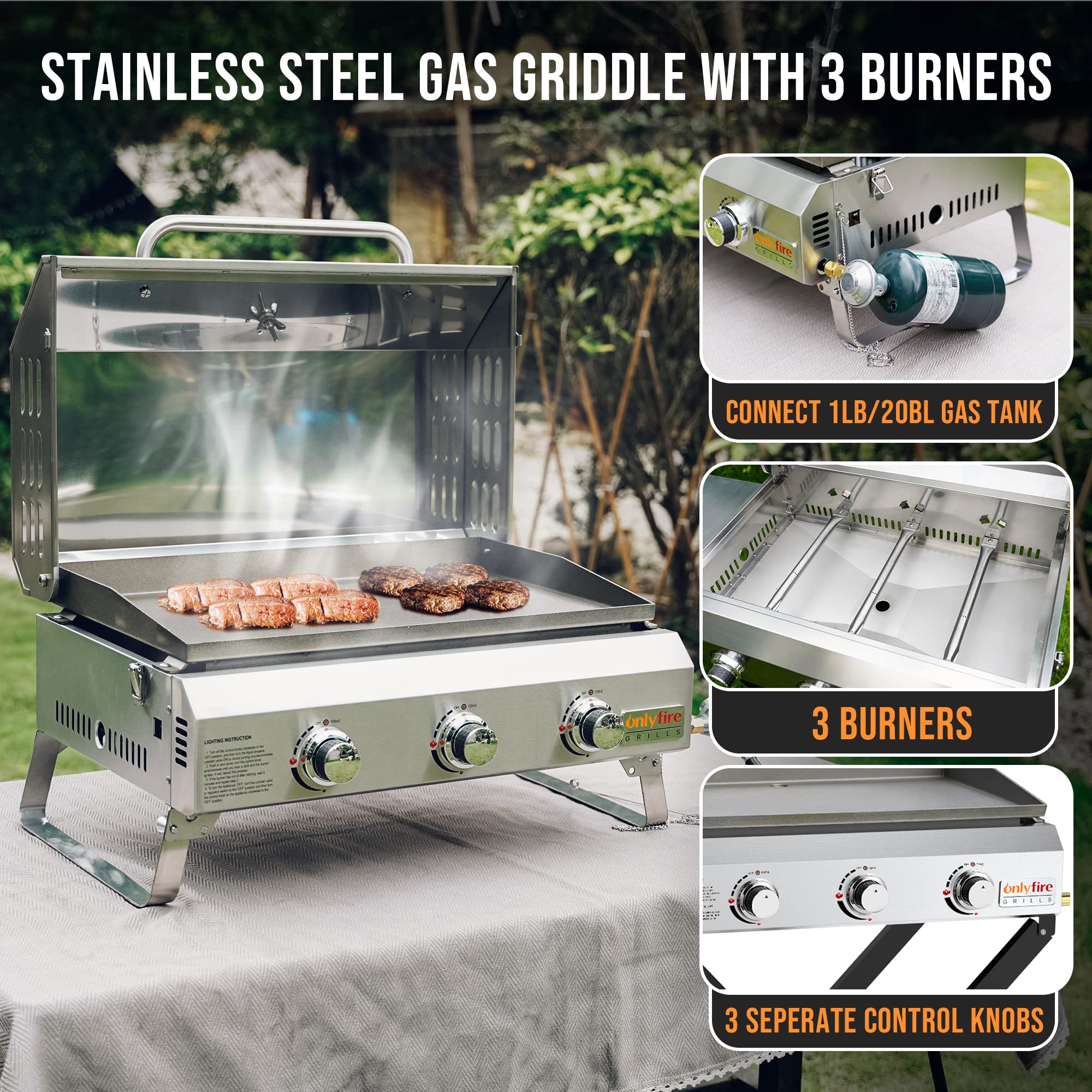 Onlyfire Flat Top Gas Griddle with Foldable Legs, 3-Burner Stainless Steel Propane Gas Grill Griddle, 24β Portable Tabletop Griddle for Outdoor Cooking Camping Tailgating RV, 24000 BTU, GS309