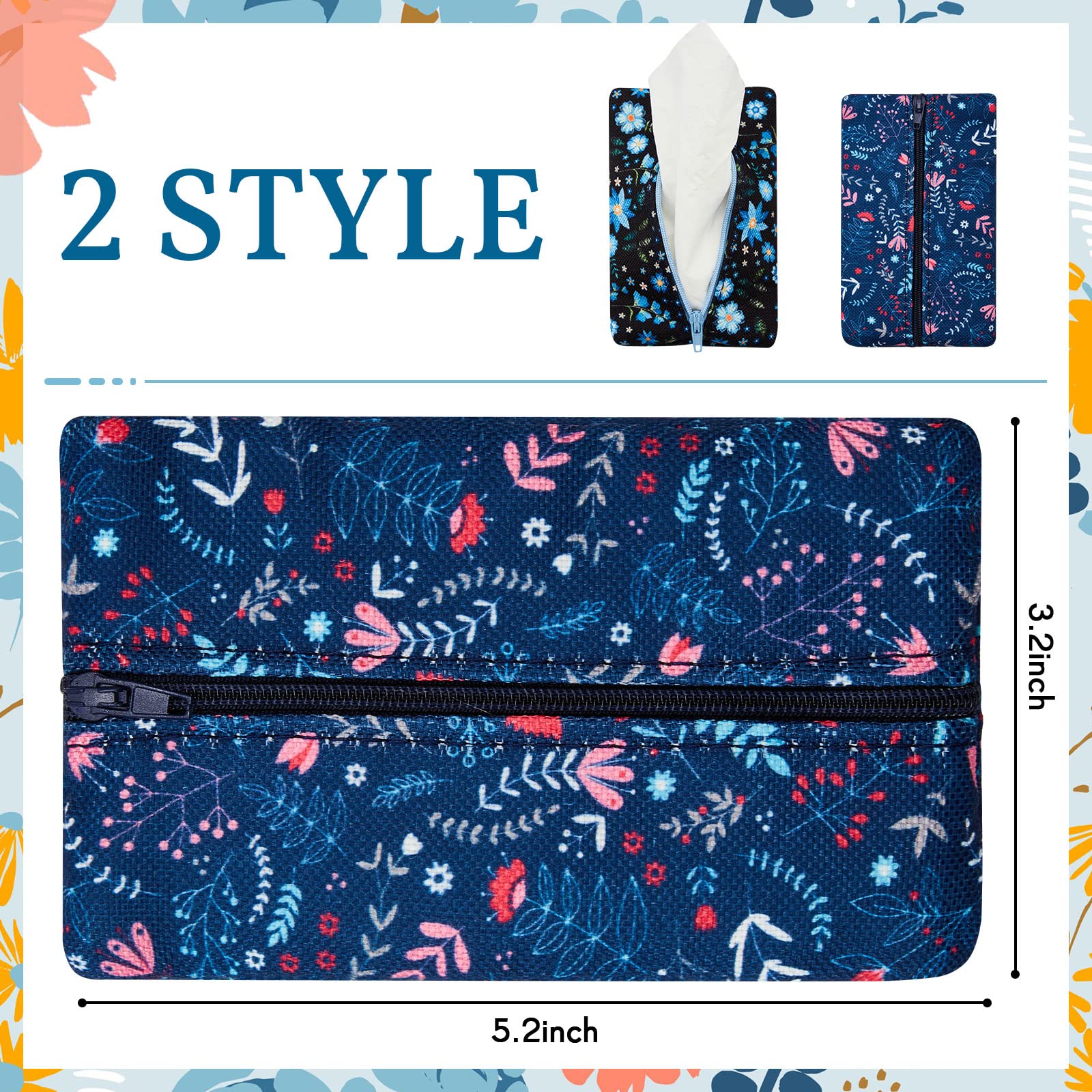Kigeli 2 Pieces Purse Tissue Holder Travel Tissue Pouch for Purse Fabric Zipper Enclosed Pouches Reusable Flower Pattern Paper Holder for Coins, 5.25 x 3 Inches(Rustic Floral Print)
