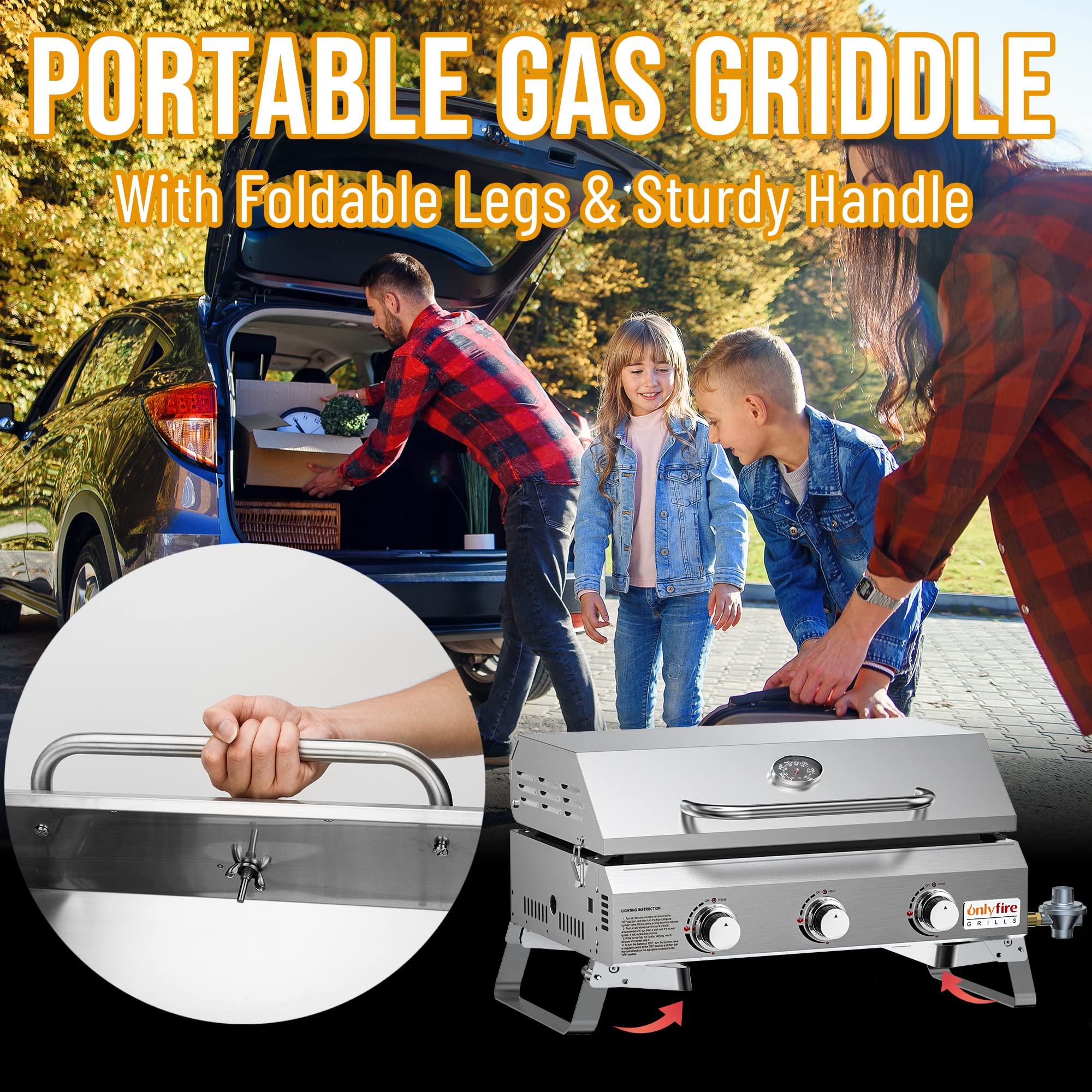 Onlyfire Flat Top Gas Griddle with Foldable Legs, 3-Burner Stainless Steel Propane Gas Grill Griddle, 24β Portable Tabletop Griddle for Outdoor Cooking Camping Tailgating RV, 24000 BTU, GS309