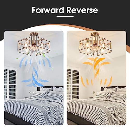 PUNSOKO Ceiling Fans with Lights, Brushed Nickel Fandelier Ceiling Fan with Light and Remote, 20'' Modern Bladeless Chandelier Fan Flush Mount for Kitchen, Bedroom, Living Room