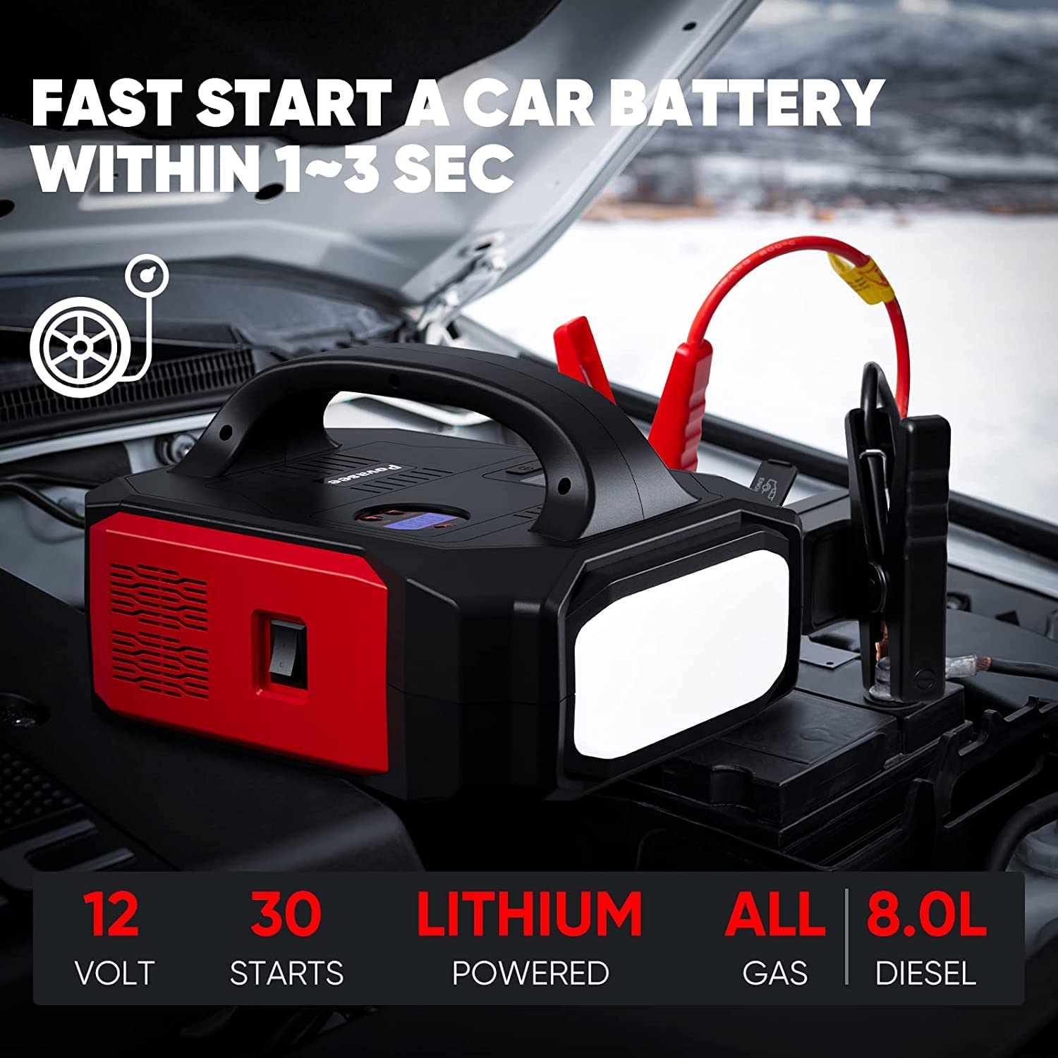 Povasee Jump Starter with Air Compressor,3500A Jump Starter Battery Pack with 150PSI Tire Inflator,12V Car Jump Starter with LED Light, 24W Quick-Charge, for All Gas and Up to 8.0L Diesel Engines
