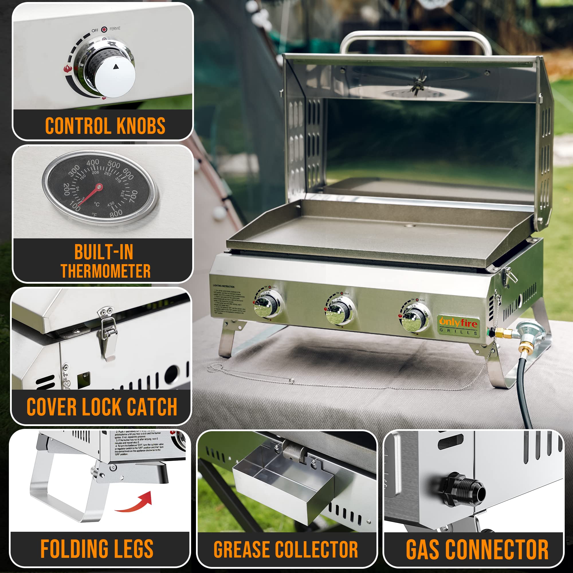 Onlyfire Flat Top Gas Griddle with Foldable Legs, 3-Burner Stainless Steel Propane Gas Grill Griddle, 24β Portable Tabletop Griddle for Outdoor Cooking Camping Tailgating RV, 24000 BTU, GS309