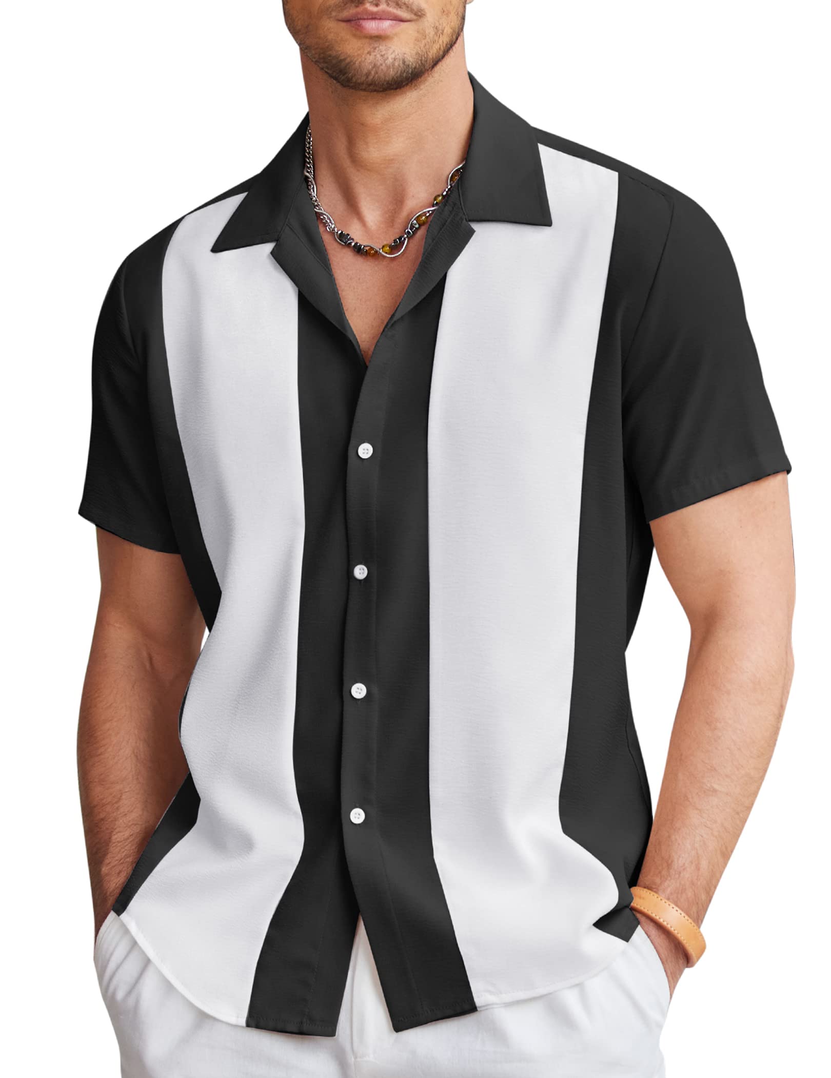 COOFANDY Men's Casual Button Down Shirts Retro Bowling Shirts Beach Wear Clothing Black White