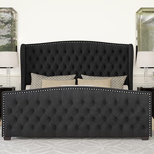 AMERLIFE King Size Platform Bed Frame, Velvet Upholstered Bed with Deep Button Tufted & Nailhead Trim Wingback Headboard/No Box Spring Needed/Black